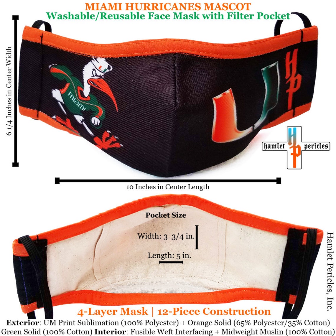 Miami Hurricanes Face Masks W/ Filter Pocket University of - Etsy