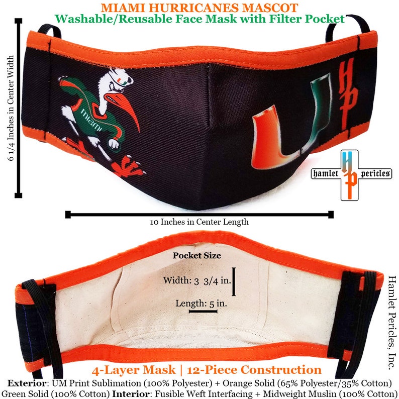 Miami Hurricanes Face Masks W/ Filter Pocket University of - Etsy