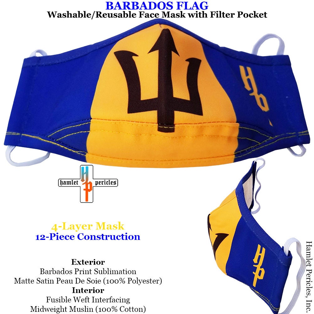 Barbados Flag Face Mask W/ Filter Pocket | Barbadian Reusable Cotton ...
