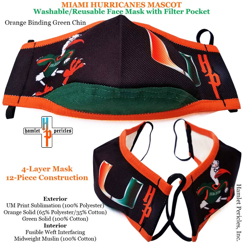 Miami Hurricanes Face Masks W/ Filter Pocket University of - Etsy