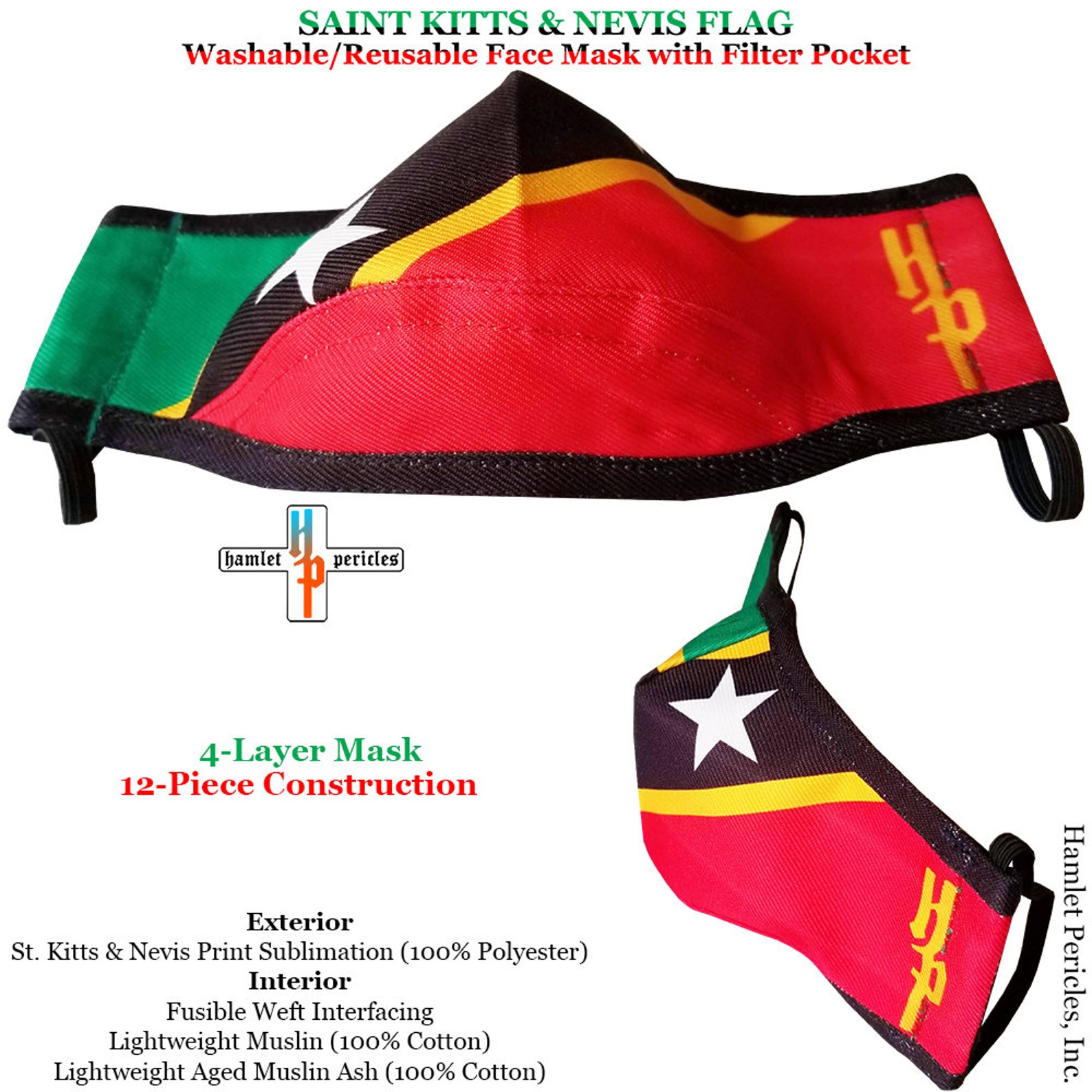 Saint Kitts and Nevis Flag Face Mask W/ Filter Pocket Reusable Cotton ...