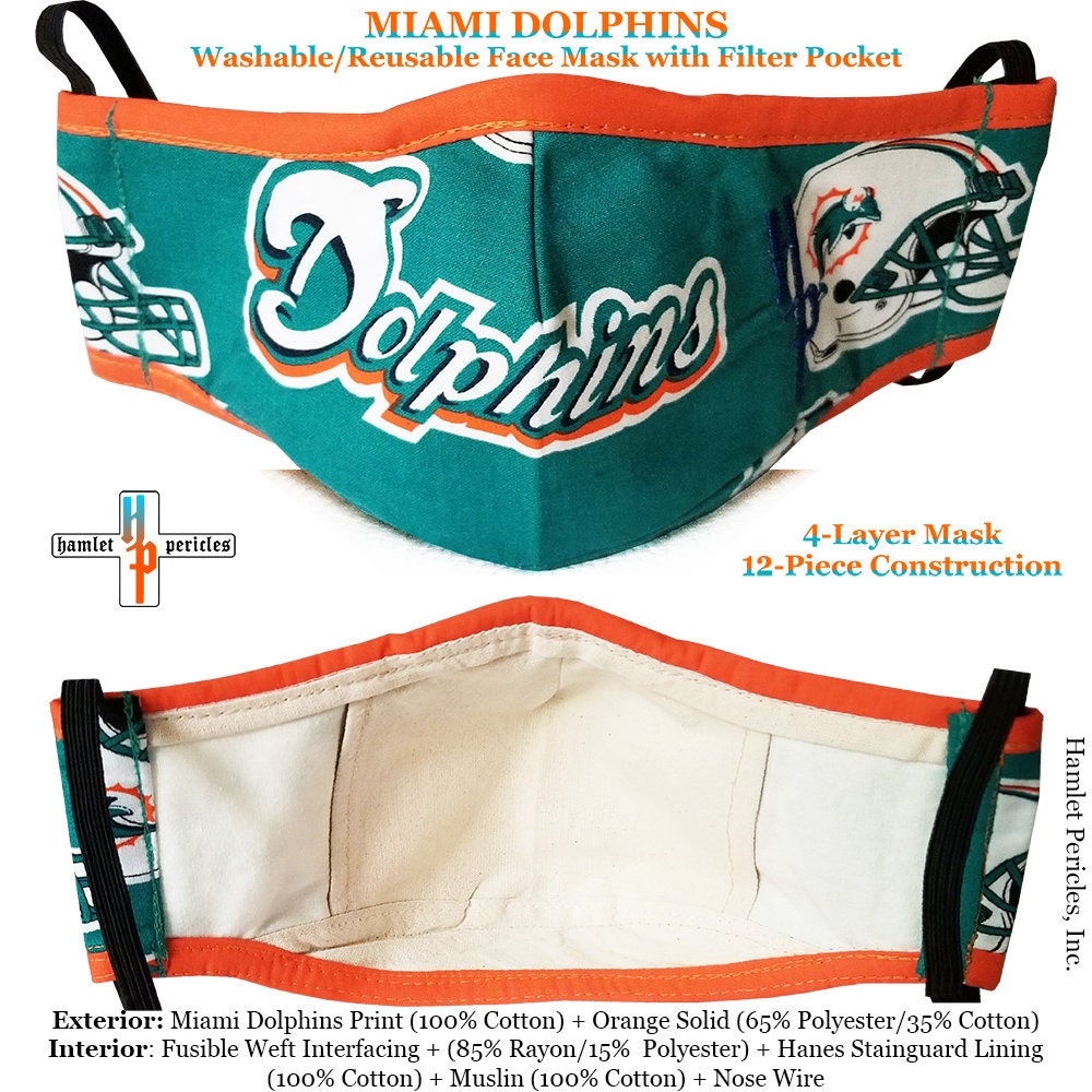 Miami Dolphins Face Masks W/ Filter Pocket Dolphins Face Mask Cotton ...