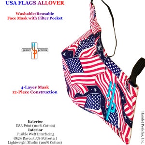 USA Flags Allover Unisex Face Masks W/ Filter Pocket | Patriotic USA ...