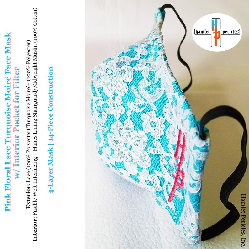 Pink Floral Lace Turquoise Moiré Face Mask 4 Layer Mask | Etsy