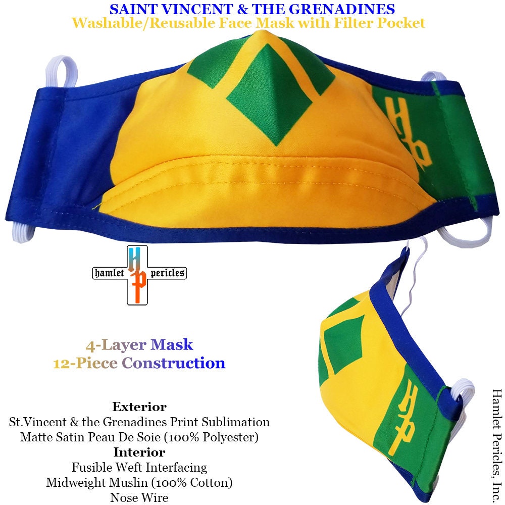 Saint Vincent & the Grenadines Flag Face Mask W/ Filter Pocket Reusable ...