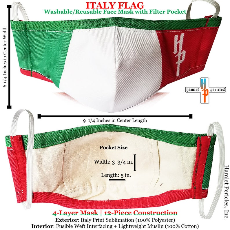 Italy Flag Face Mask W/interior Filter Pocket Italian Mask - Etsy