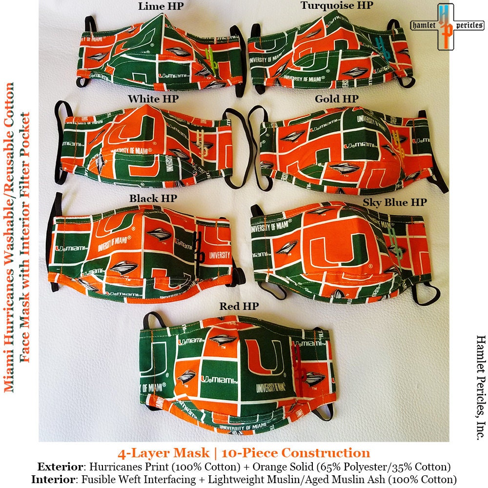 Miami Hurricanes Face Masks W/ Filter Pocket UM Mask University of ...
