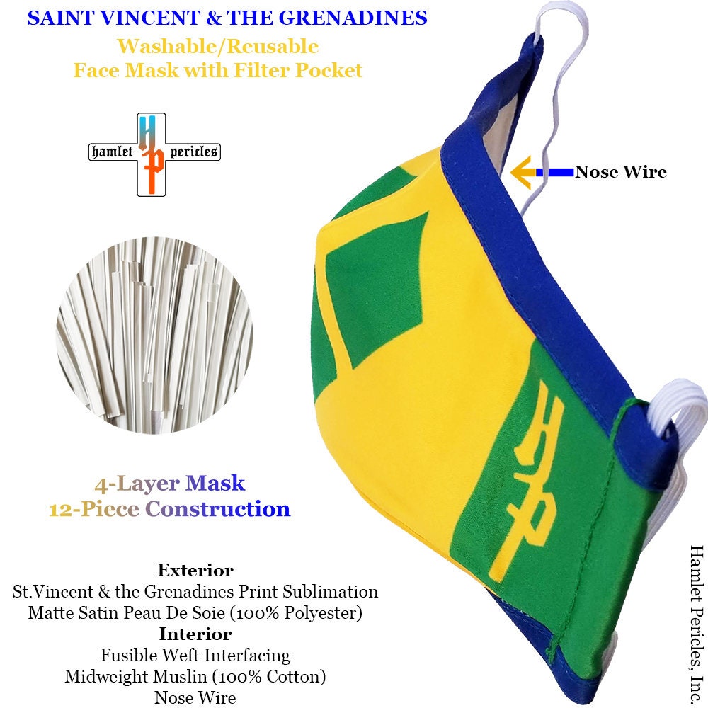 Saint Vincent & the Grenadines Flag Face Mask W/ Filter Pocket Reusable ...