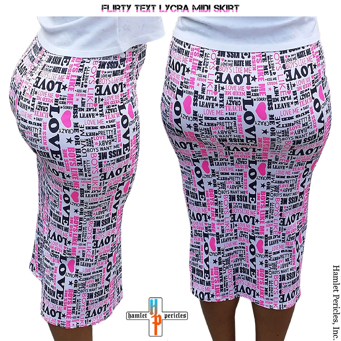 Flirty Text Lycra Midi Skirt Words & Text on Clothes 4-way Stretch ...