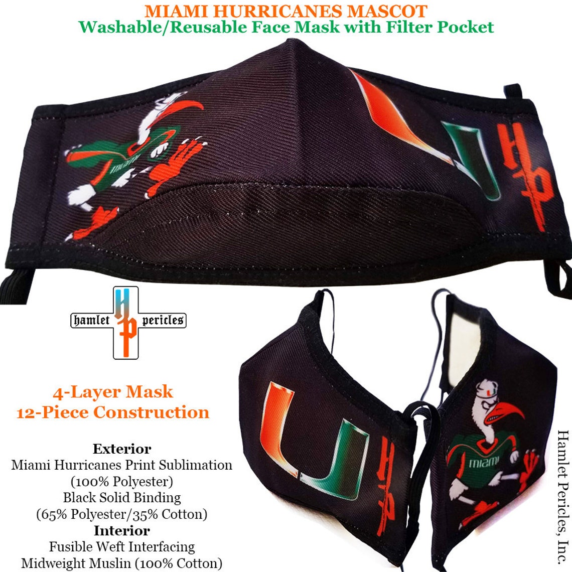 Miami Hurricanes Face Masks W/ Filter Pocket University of - Etsy