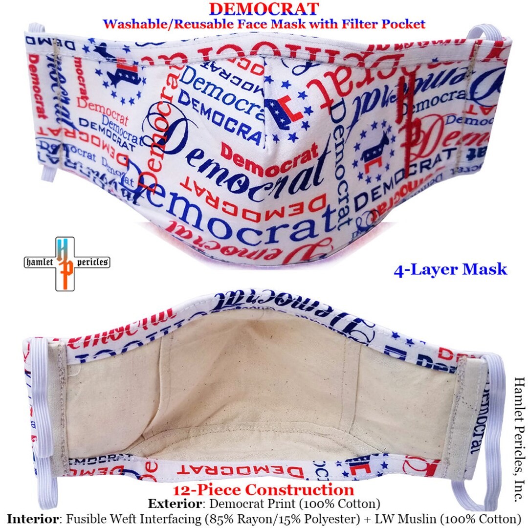 Democrat Face Mask: 4-layer Cotton, Filter Pocket - Etsy