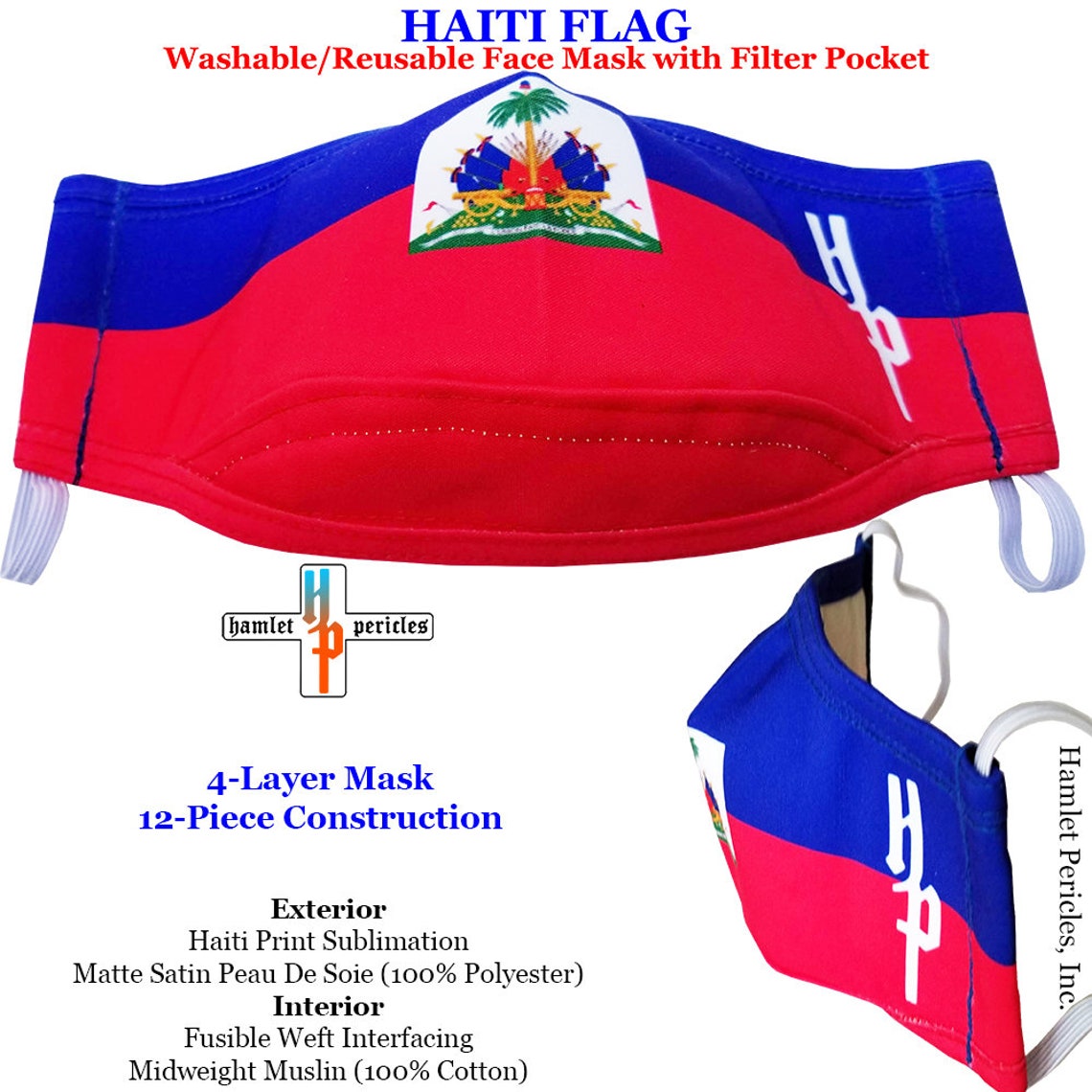 Haiti Flag Face Mask W/ Filter Pocket | Reusable Haitian Mask | 4-layer ...