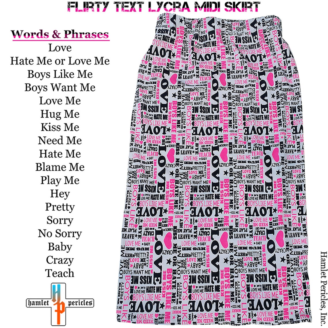 Flirty Text Lycra Midi Skirt Words & Text on Clothes 4-way Stretch ...