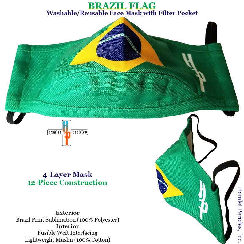 Brazil Flag Face Mask W/interior Filter Pocket | Brazilian Mask ...