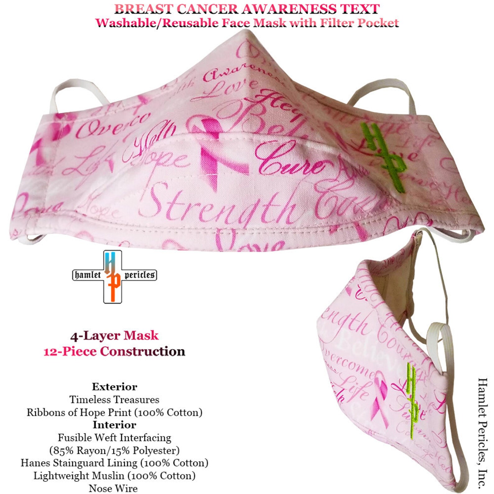 Breast Cancer Awareness Text Face Masks W/ Interior Pocket for Filter ...