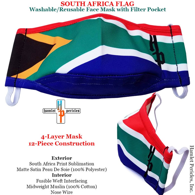 South Africa Flag Face Mask W/ Filter Pocket | South African Mask ...