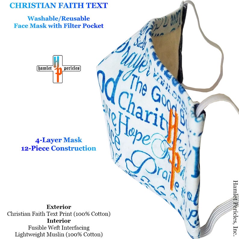 Christian Faith Blue Text Face Mask | Words Text Mask | 4 Layer Cotton ...