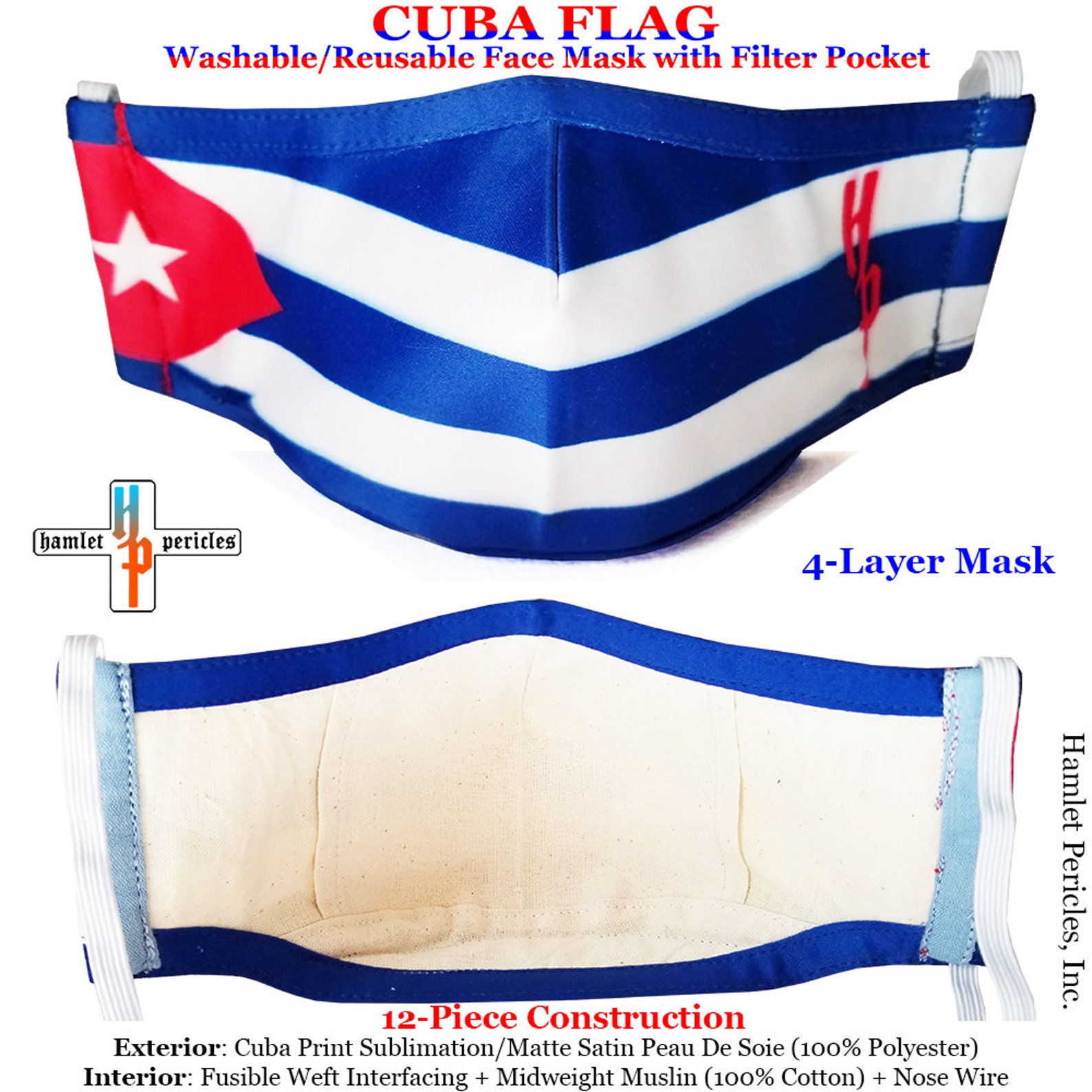 Cuba Flag Face Mask W/ Interior Filter Pocket Reusable Cotton Interior ...