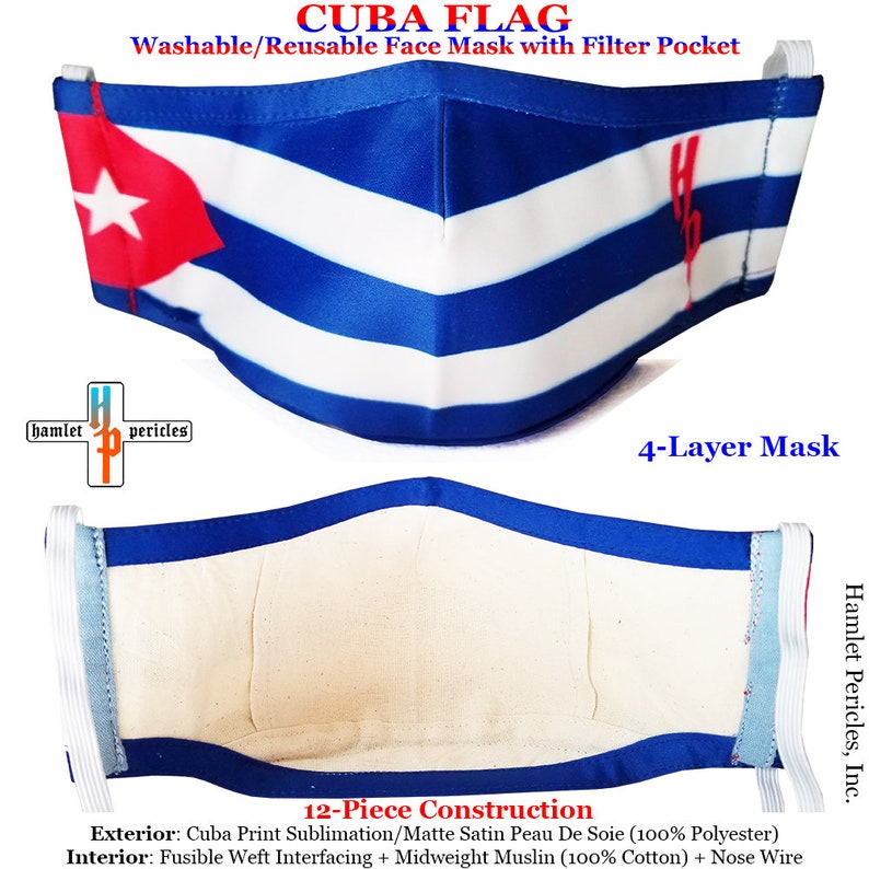 Cuba Flag Face Mask W/ Interior Filter Pocket Reusable Cotton Interior ...
