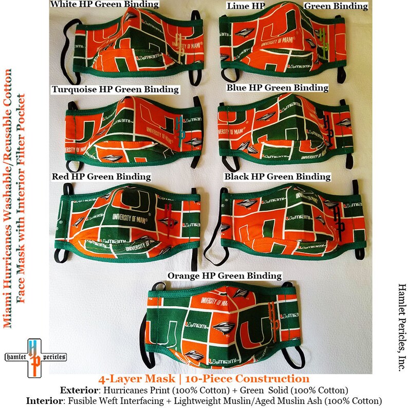 Miami Hurricanes Face Masks W/ Filter Pocket | UM Mask | University of ...