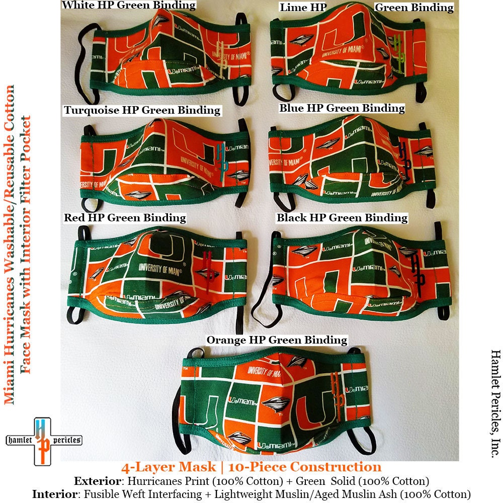Miami Hurricanes Face Masks W/ Filter Pocket UM Mask University of ...