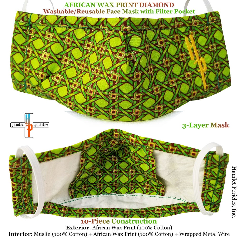 African Wax Print Diamond Unisex Face Mask W/ Filter Pocket African ...