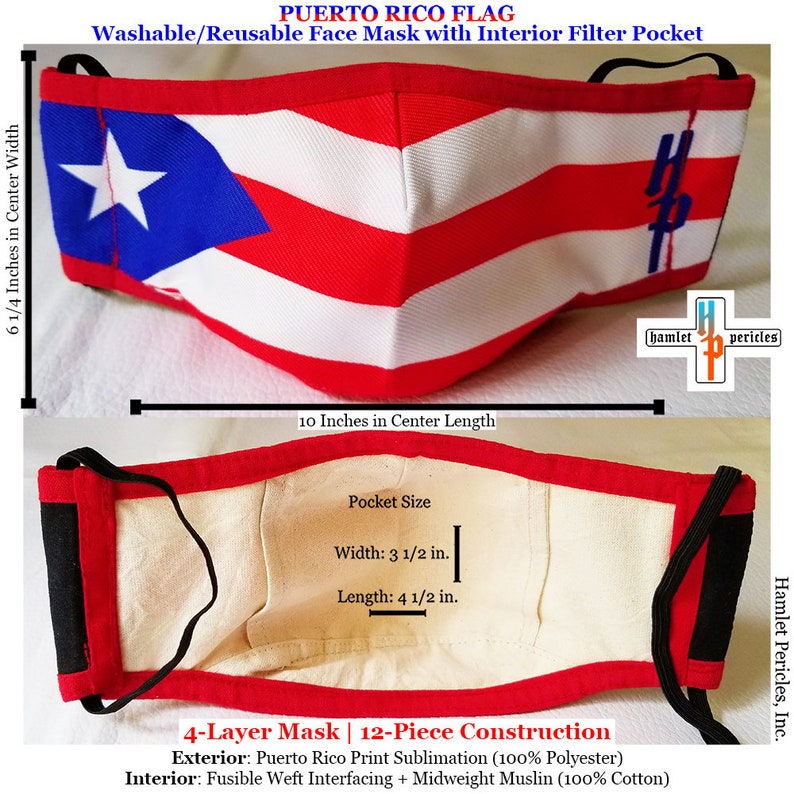 Puerto Rico Flag Face Mask w/ Interior Filter Pocket | Etsy