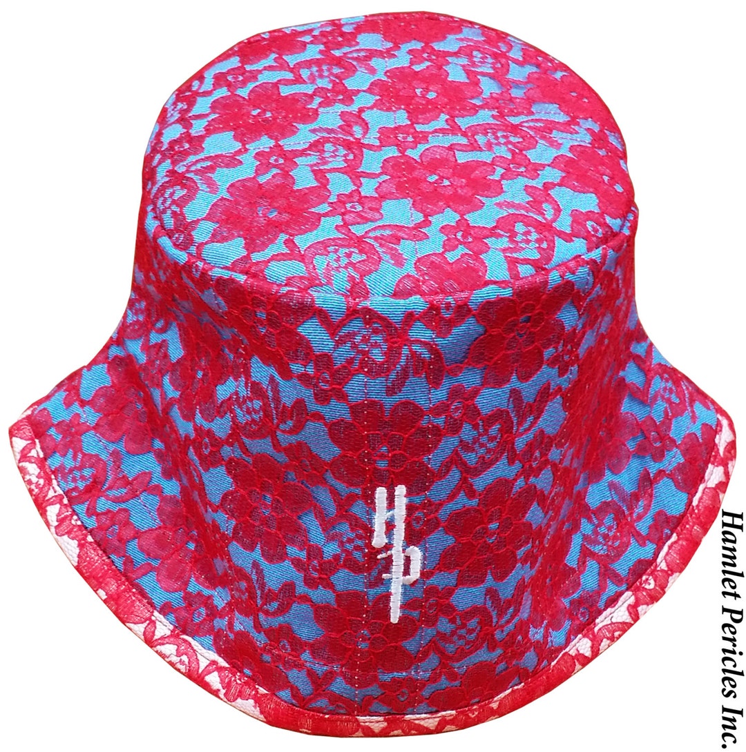 Red Floral Lace Bucket Hat | Turquoise Moire Fabric, Large - Etsy