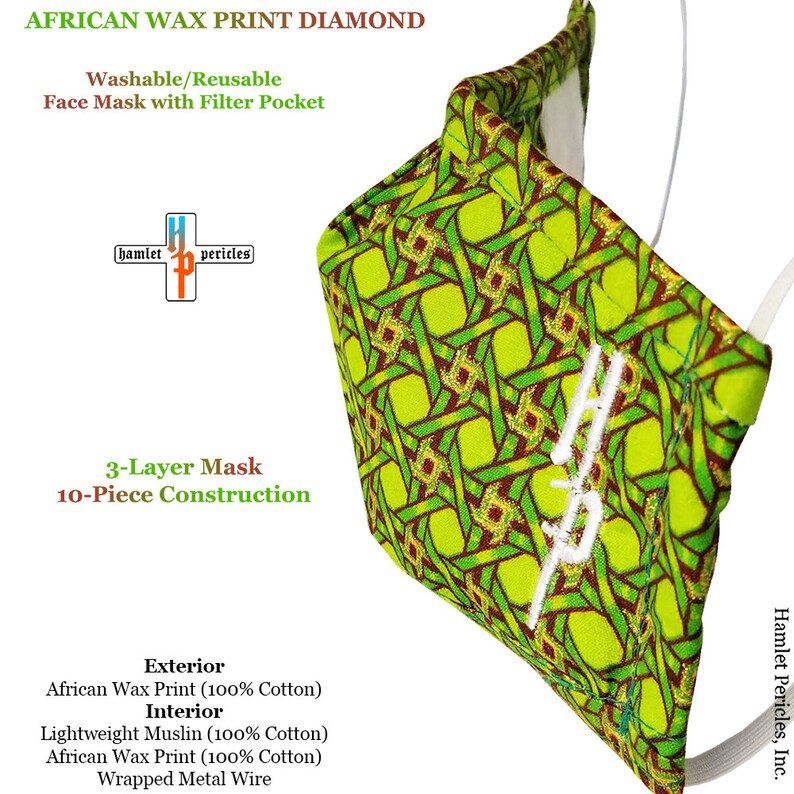 African Wax Print Diamond Unisex Face Mask W/ Filter Pocket African ...