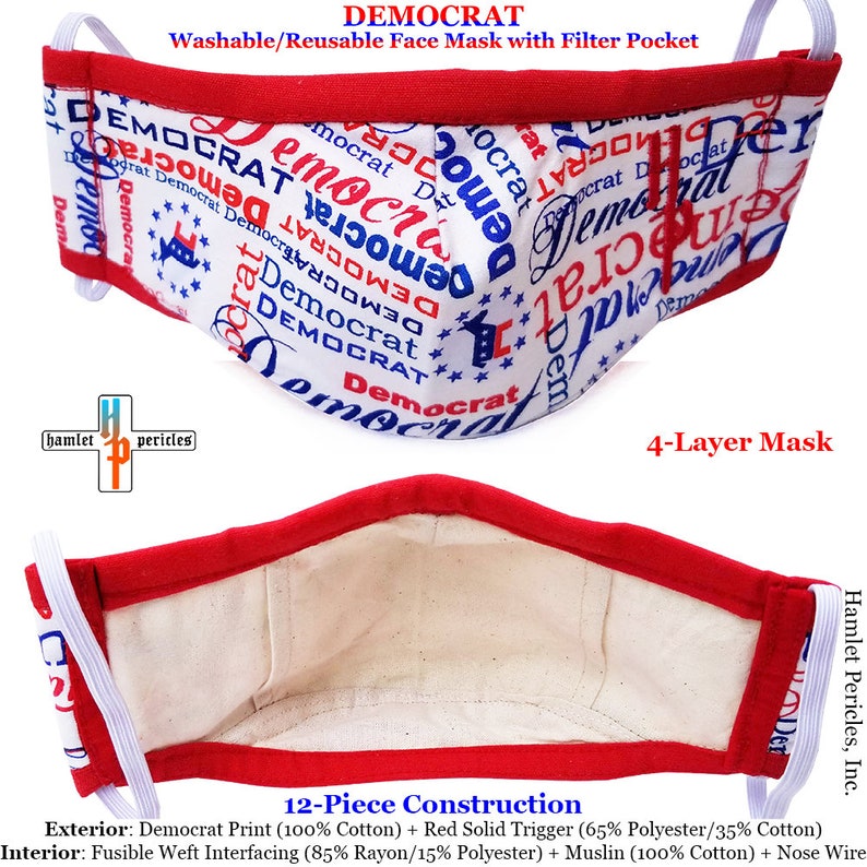 Democrat Face Mask: 4-layer Cotton, Filter Pocket - Etsy