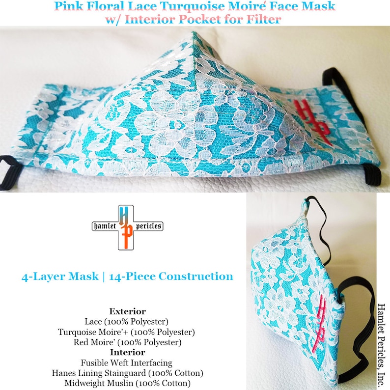 Pink Floral Lace Turquoise Moiré Face Mask 4 Layer Mask | Etsy