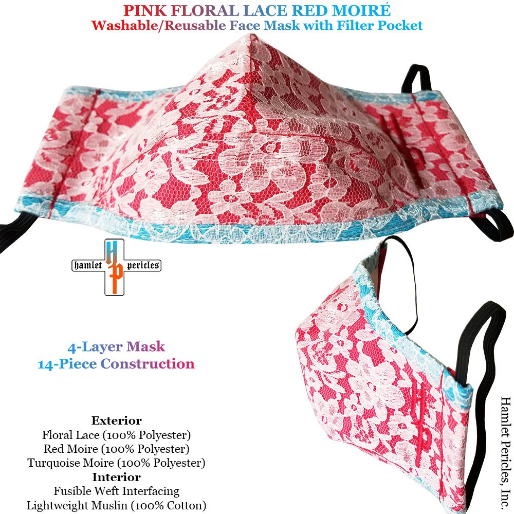 Pink Floral Lace Red Moiré Face Mask | 4 Layer Mask | Women's Wedding ...