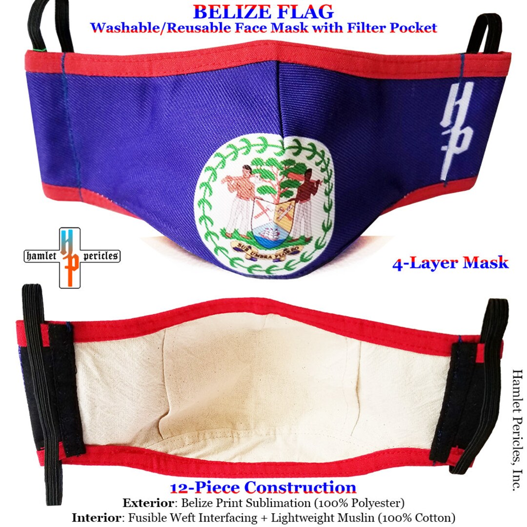 Belize Flag Face Mask W/ Interior Filter Pocket | Reusable Cotton ...