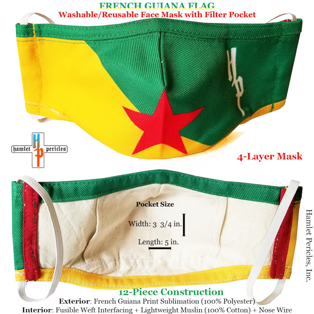 French Guiana Flag Face Mask W/ Filter Pocket Guianan Mask Washable ...