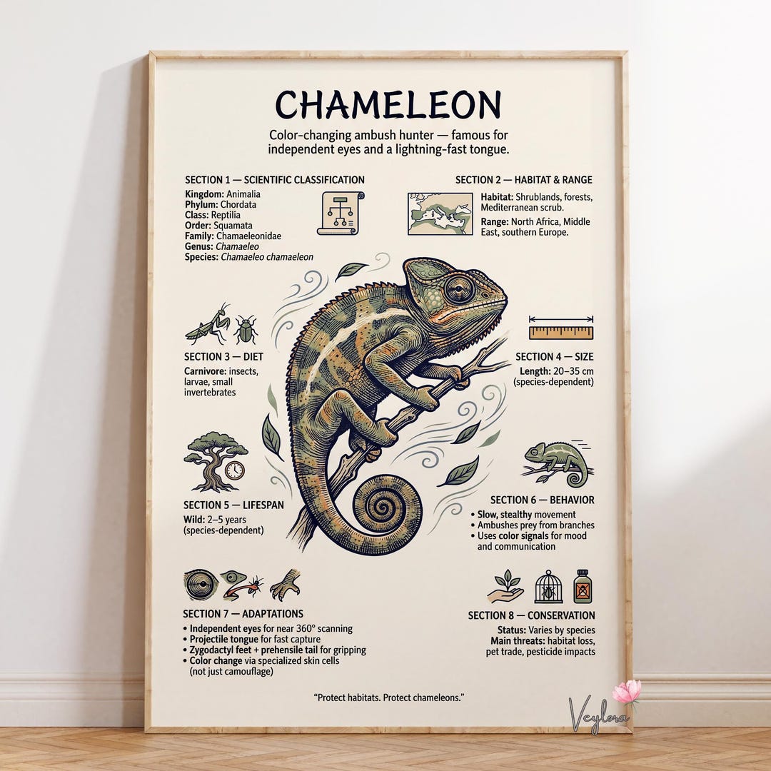 Chameleon Infographic Poster | Reptile Wall Art | Educational Animal ...