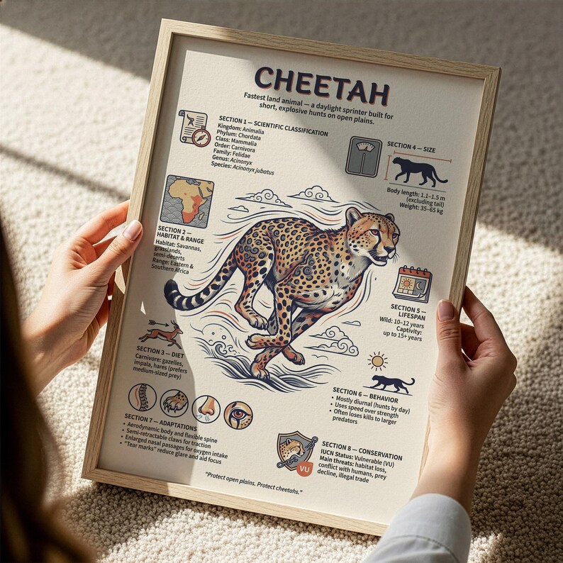 Cheetah Infographic Poster | Educational Wildlife Illustration | Animal ...