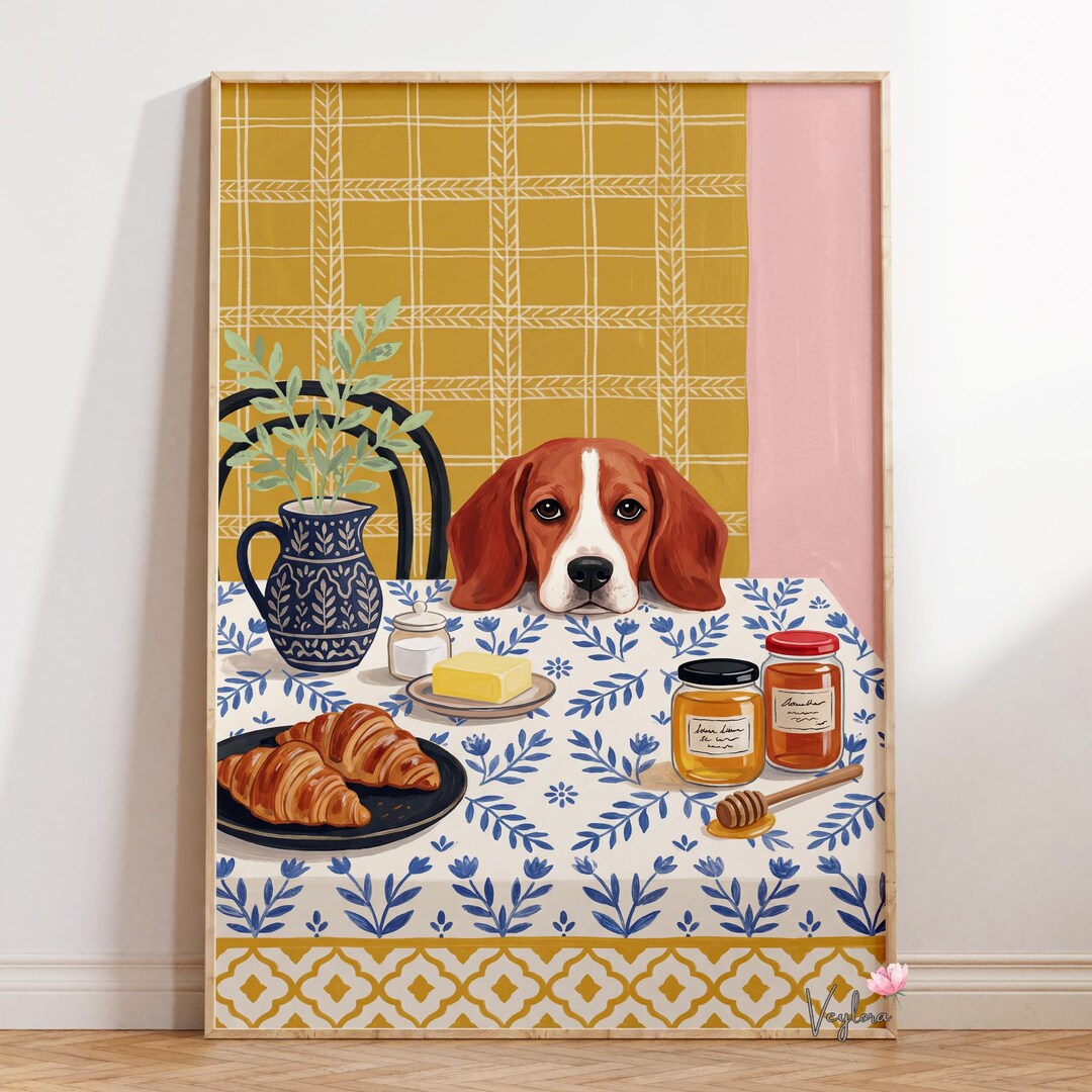 Breakfast Beagle Poster | Cozy Kitchen Illustration | Dog Wall Art ...