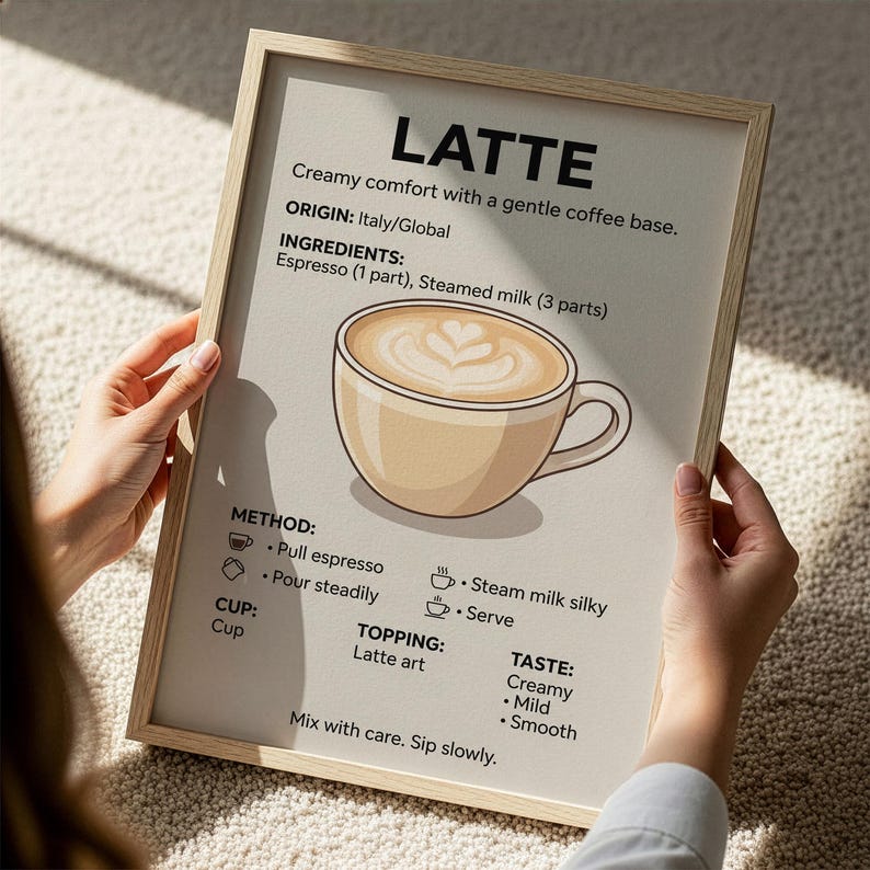 Latte Coffee Recipe Print | Barista Kitchen Wall Art, Cafe Decor - Etsy
