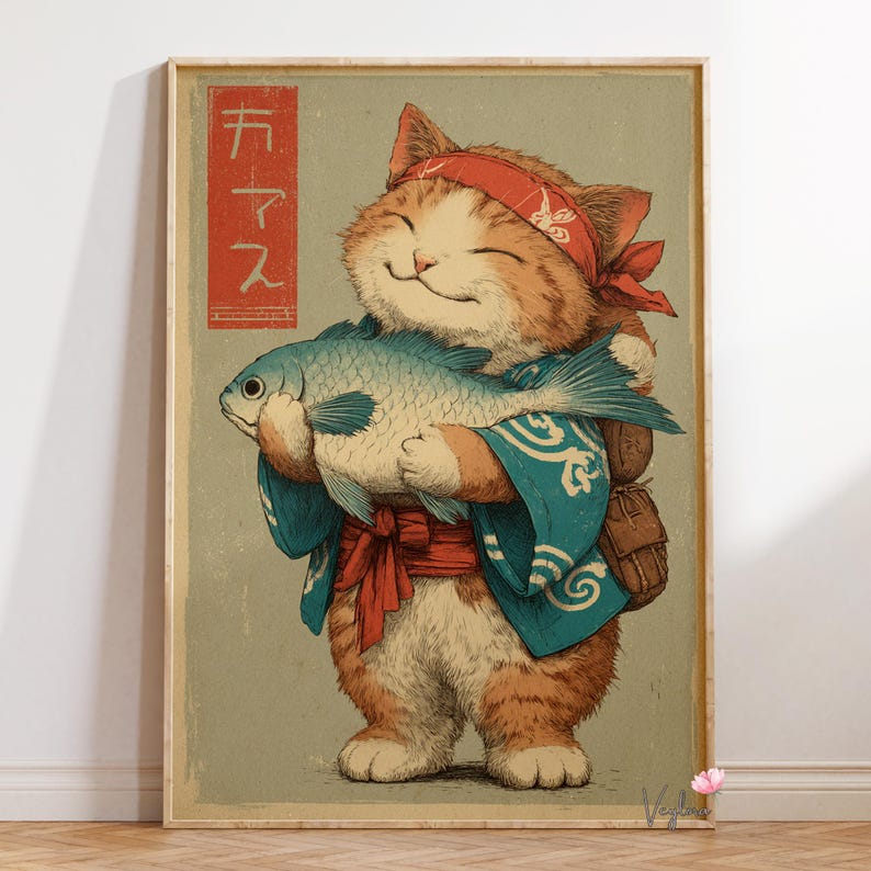 Samurai Cat Poster | Japanese Fish Market Illustration, Whimsical ...