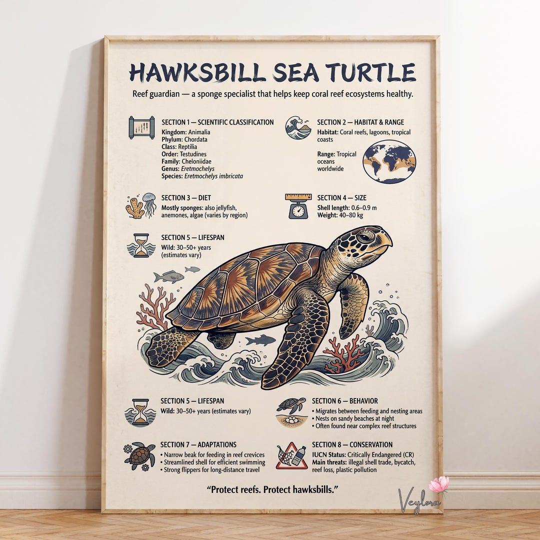 Hawksbill Sea Turtle Infographic Poster | Marine Wildlife Educational ...