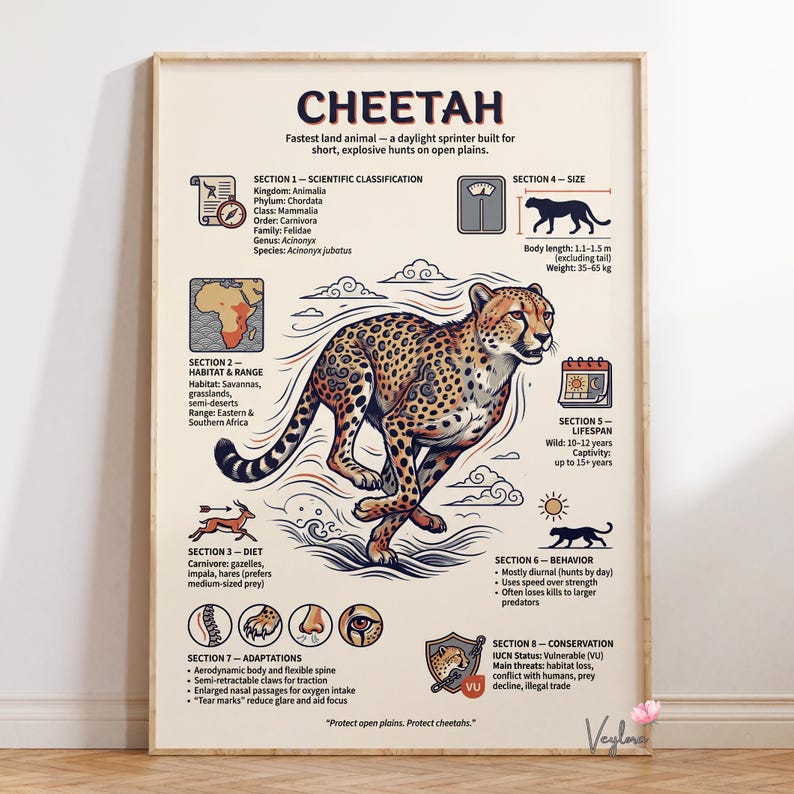 Cheetah Infographic Poster | Educational Wildlife Illustration | Animal ...