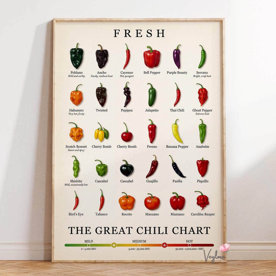 Chili Pepper Chart Poster | Vintage Food Illustration | Kitchen Wall ...
