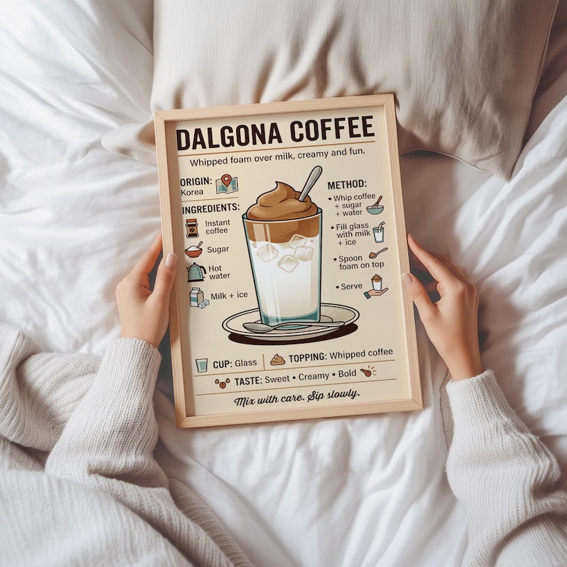 Dalgona Coffee Recipe Poster | Korean Whipped Coffee Kitchen Art ...
