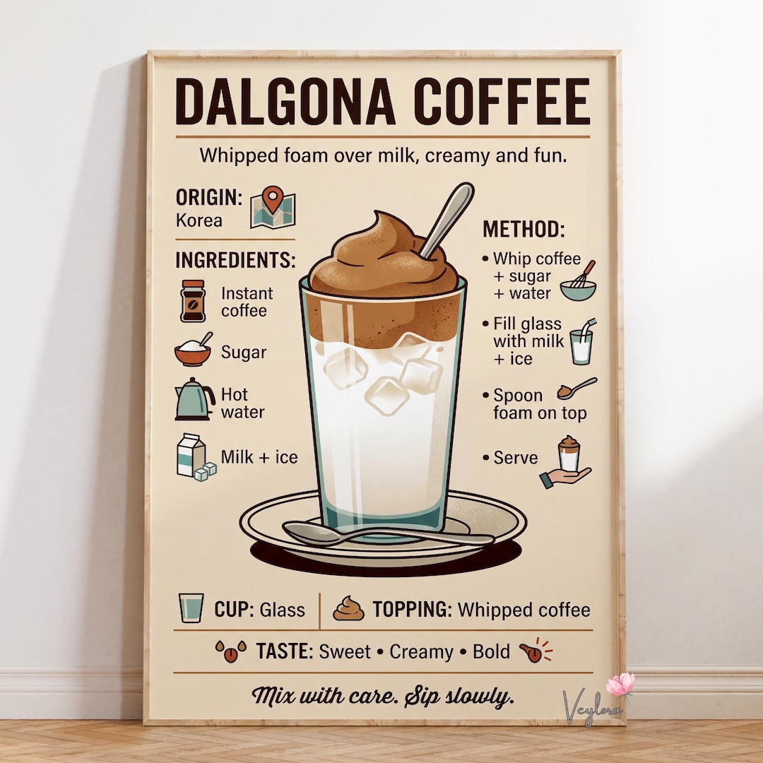 Dalgona Coffee Recipe Poster | Korean Whipped Coffee Kitchen Art ...