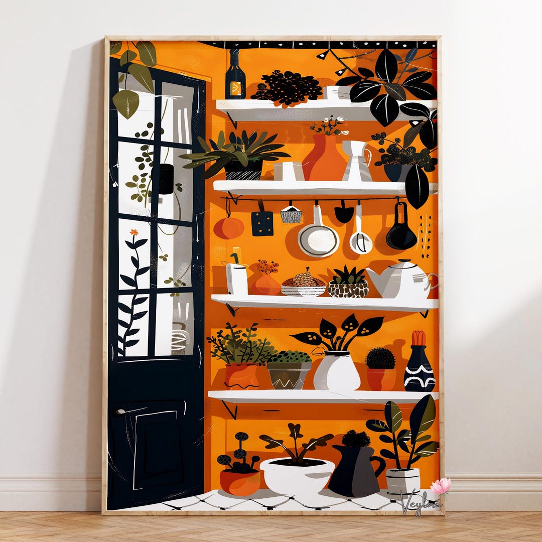 Orange Kitchen Shelf Poster | Cozy Pantry Illustration | Botanical ...