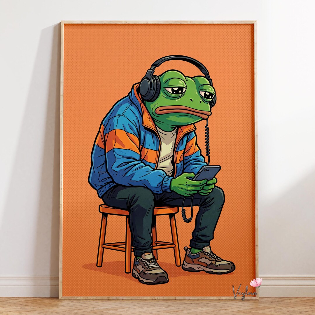 Sad Frog Listening Poster | Meme Character Illustration Wall Decor for ...