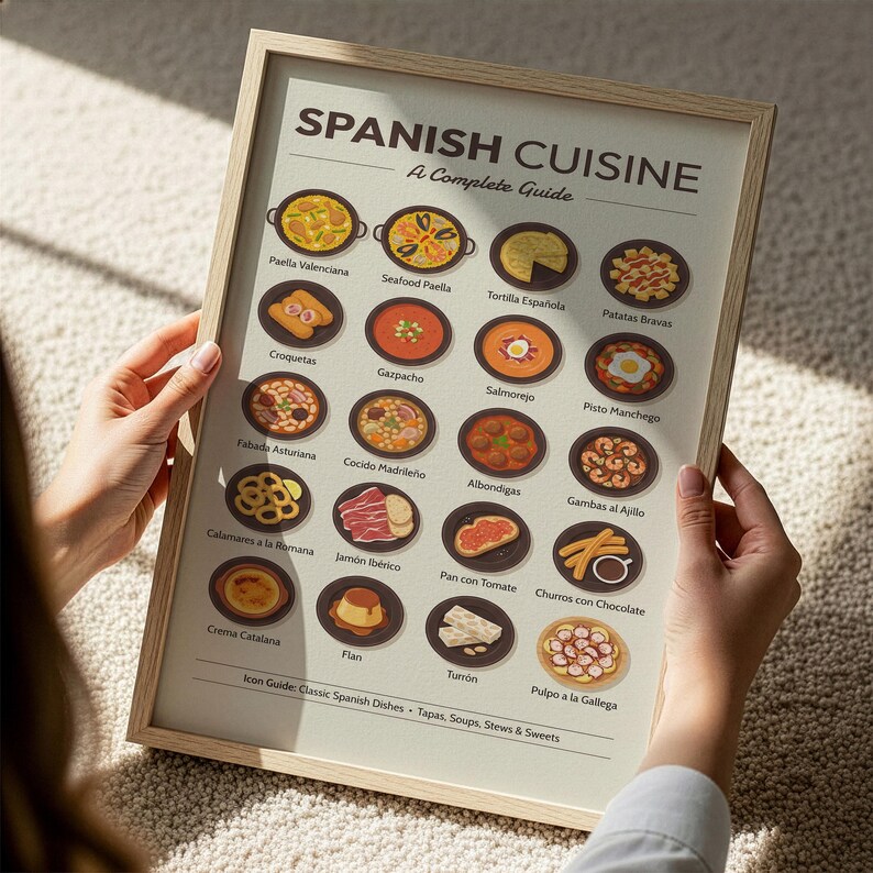 Spanish Cuisine Food Guide Poster | Vintage Menu Illustration, Kitchen ...
