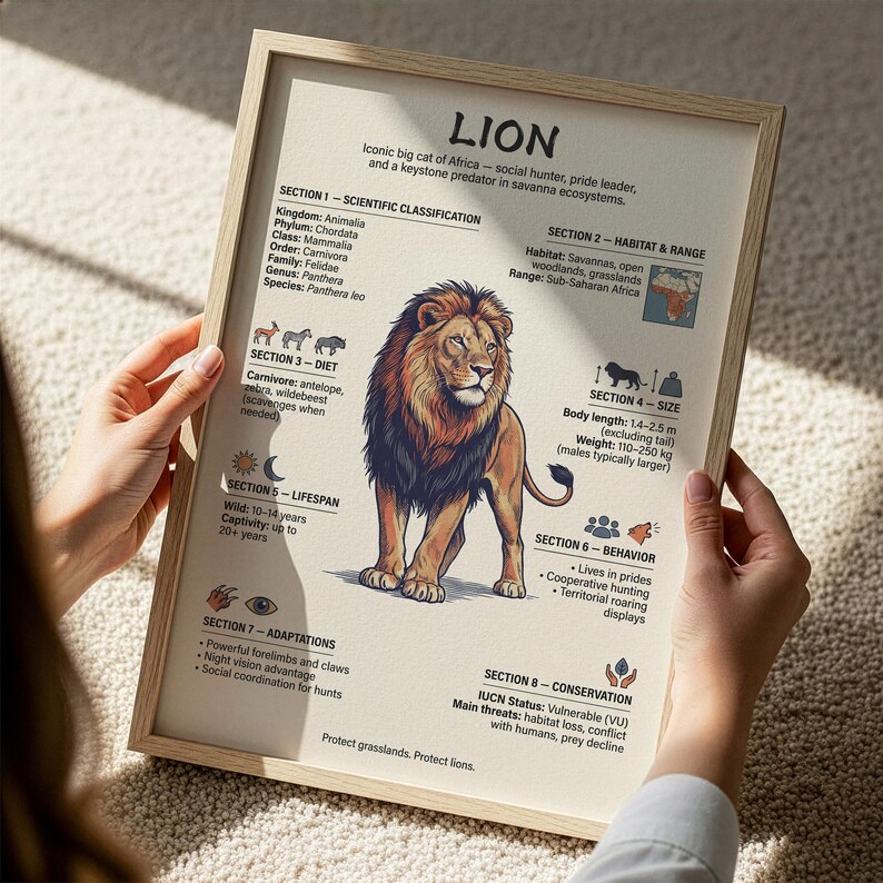 Lion Infographic Poster | Educational Wildlife Illustration | Animal ...