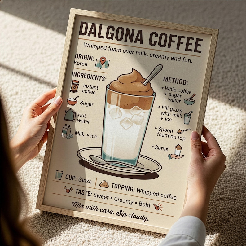 Dalgona Coffee Recipe Poster | Korean Whipped Coffee Kitchen Art ...