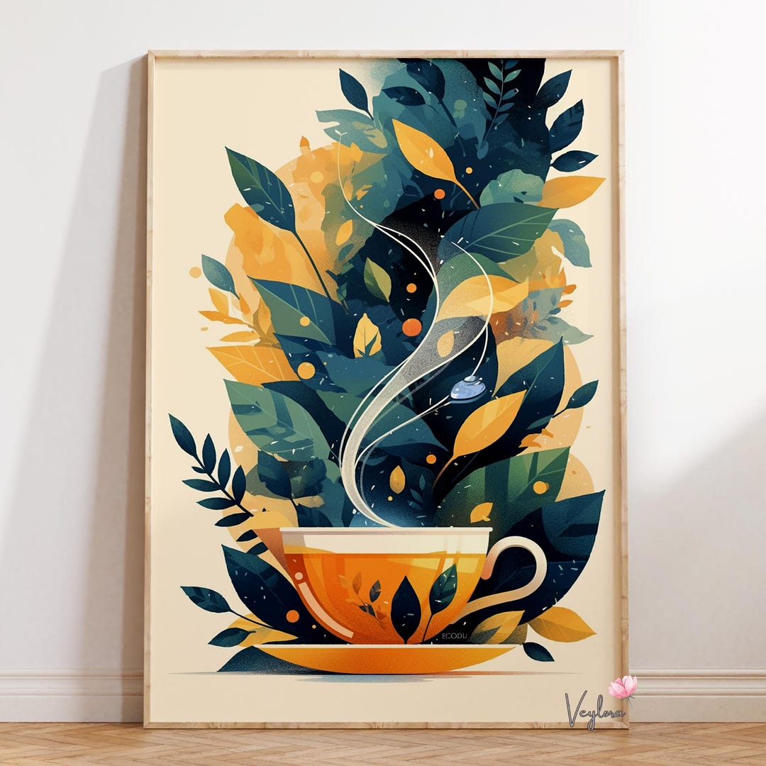 Botanical Tea Cup Poster | Modern Nature Illustration Wall Decor for ...